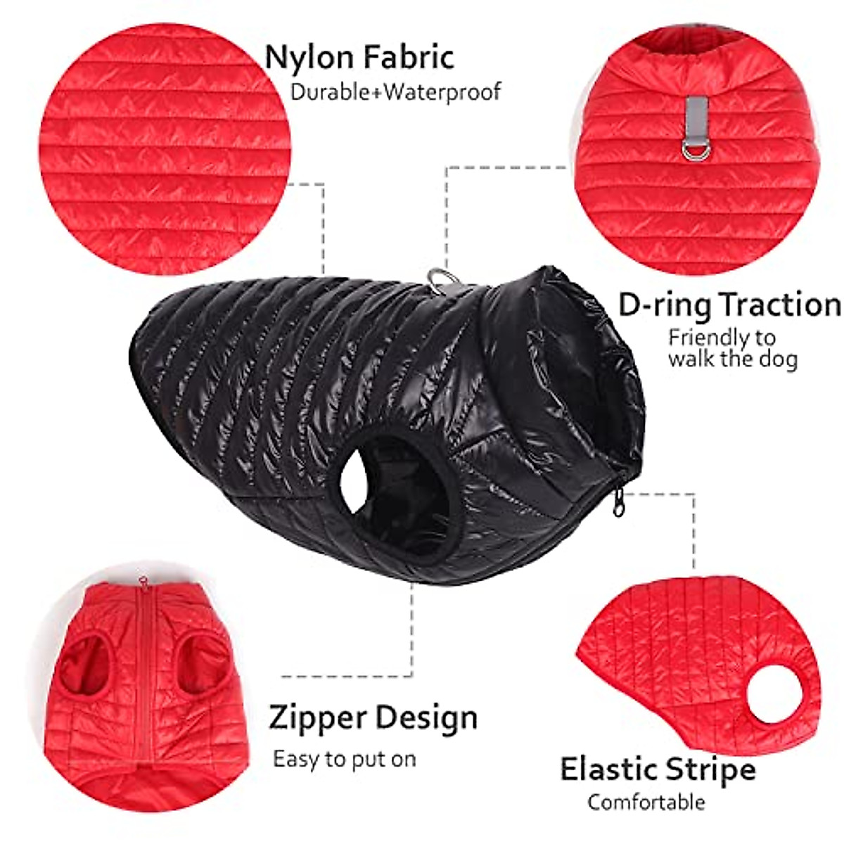 HDKUW Dog Winter Coat with D Ring, Super Light Dogs Warm Coat, Waterproof Jacket Vest Apparel for Small Medium Dogs Black M