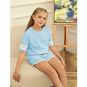 simtuor Girls Summer 2 Piece Outfit Crew Neck Striped Tops Elastic Waist Short Sets with Pockets Blue 6-18 Years