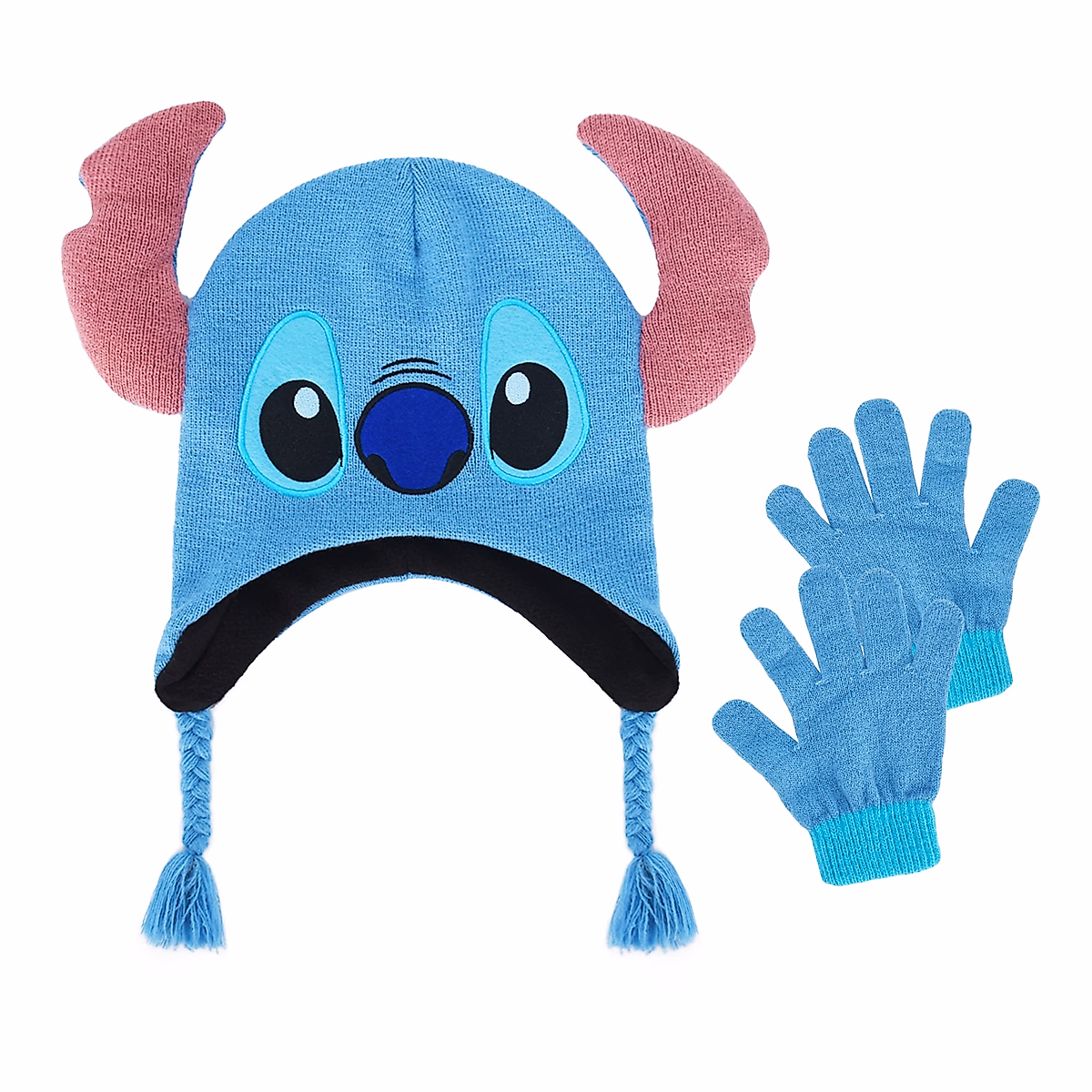 Disney Lilo and Stitch Kids Peruvian Beanie Cap and Glove Set, Winter Hat with Tassels, Blue, One Size