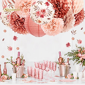 NICROLANDEE Wedding Decorations, 12PCS Rose Gold Paper Lanterns Tissue Pom Poms Confetti Decor for Bridal Shower Bachelorette Valentines Party, Rose Gold Pink Girl Birthday Party Decoration