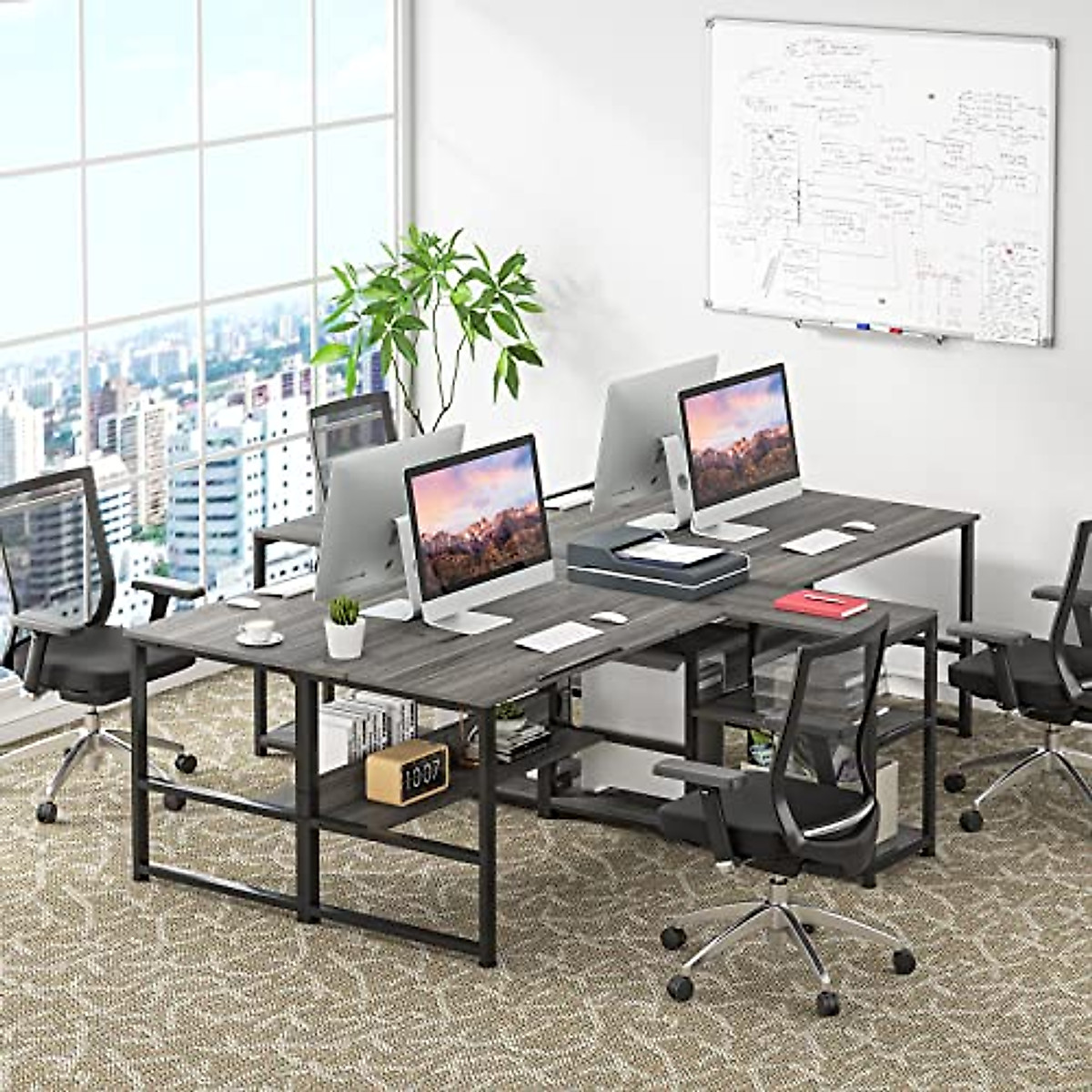 Tribesigns 94.5 inch Two Person Desk with Storage Shelves and Tiltable Tabletop, Double Computer Desk with Printer Shelf, Extra Long Double Workstation Desk Study Table for Home Office (Grey)