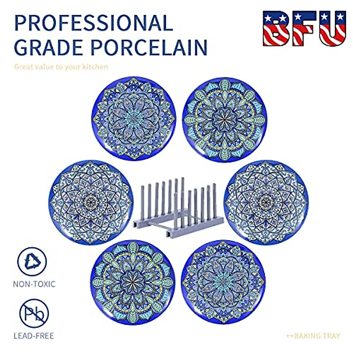 BFU 8 inch Porcelain Dinner Plates, Vintage Blue Plates Set of 6 for Dessert,Salad,Pasta, Pancakes, Steak,Appetizer,Microwave Safe Dinnerware - Bohemian Style