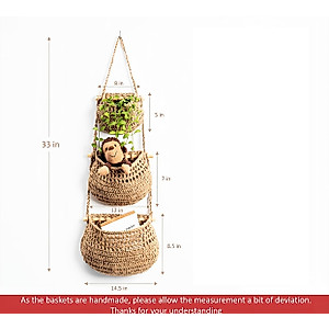 Hanging Fruit Basket, 3 Tier Woven Jute Wall Hanging Basket for Organizing, Hanging Produce Basket for Fruit & Vegetable Storage, Boho Kitchen Decor, Wall Basket Storage for Kitchen, Bedroom, Bathroom
