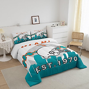 Erosebridal Sports Comforter Set Queen,Boys Football Bedding Set for Kids Boys Girls,Blue Orange Rugby Quilt Inner Fill,American Football City Down Comforter with 2 Pillowcases(Miami)