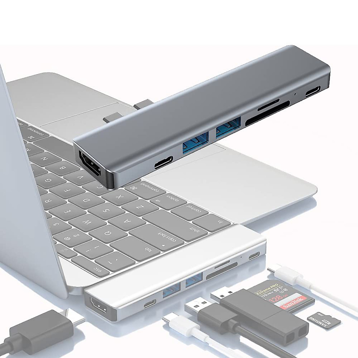 SLAUNT USB C Hub for MacBook Pro 7-in-2 USB C Adapter MacBook Multiport Dongle with 4KHDMI, USB 3.0&2.0, TF/SD Card Reader, USB-C and Thunderbolt 3 Compatible with MacBook Pro Air 2020 2019 2018