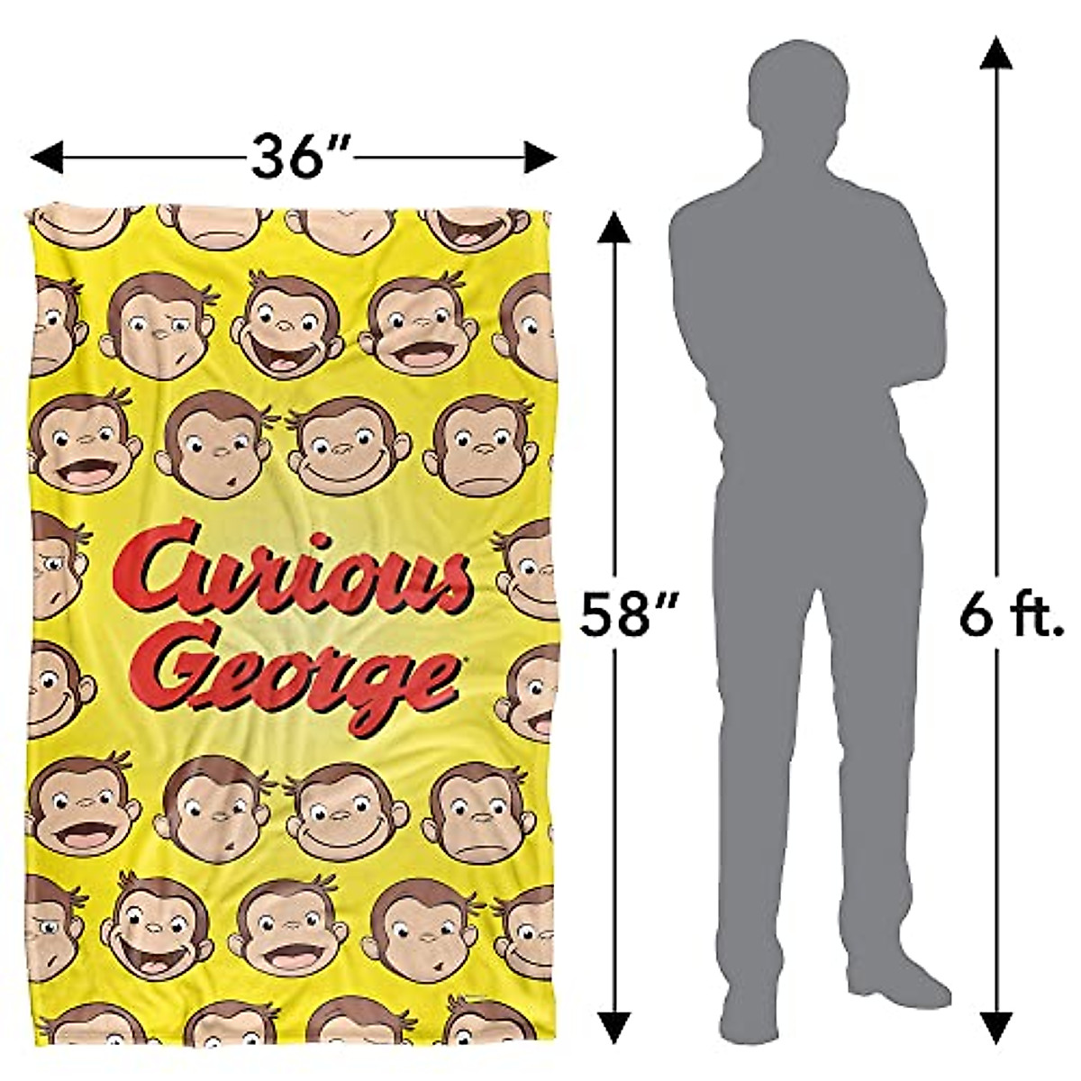Trevco Curious George Heads Silky Touch Super Soft Throw Blanket 36" x 58"