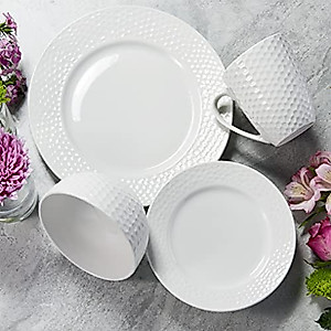 Elle Décor Darcie Round Dinnerware Set – 16-Piece Porcelain Dinner Set w/ 4 Dinner Plates, 4 Salad Plates, 4 Bowls & 4 Mugs, Darcie White, 7858-16-RB