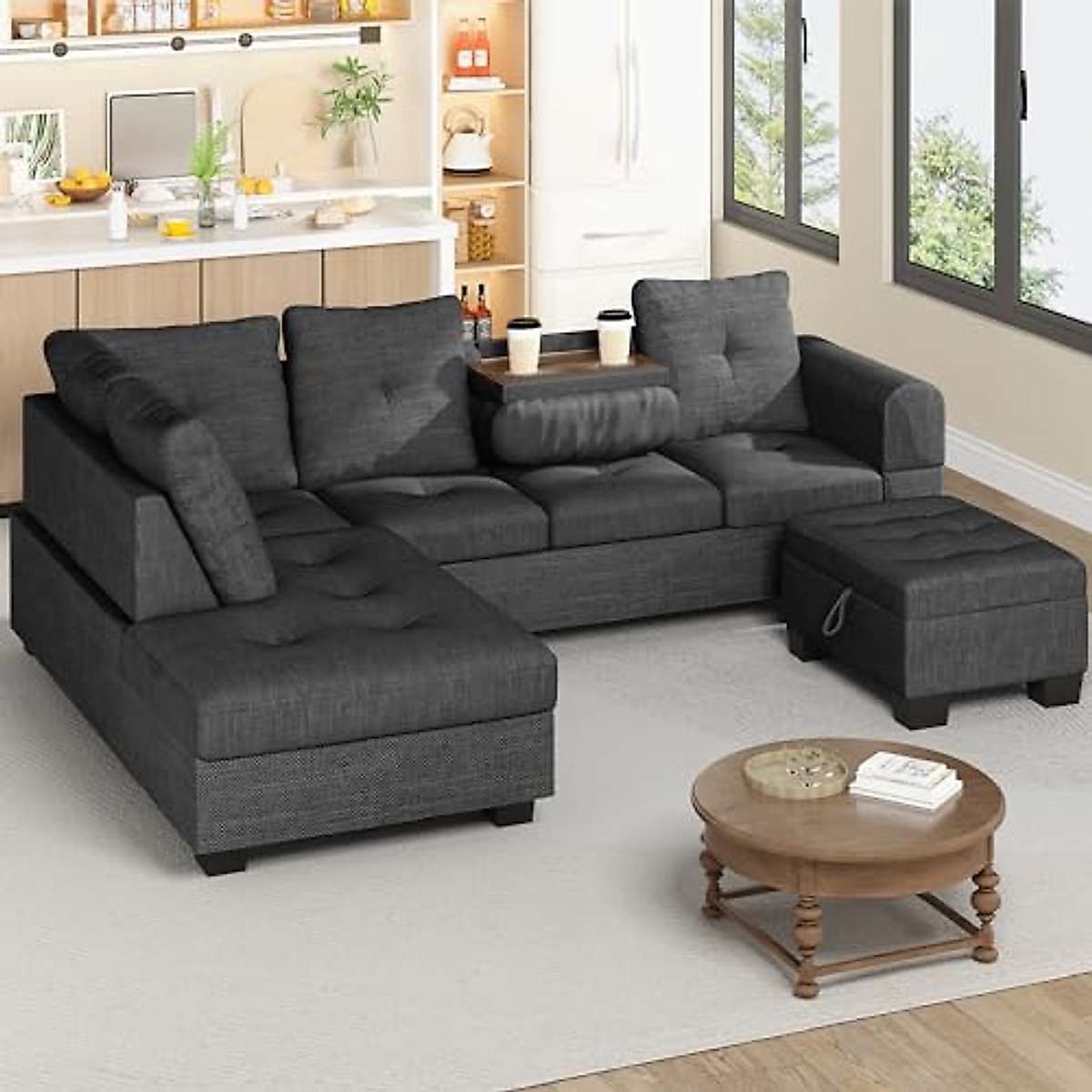 AWQM Modular Sectional Sofa with Ottoman, Fabric L-Shaped Couch with Chaise & Cup Holders, Living Room Furniture Sets Sectional Sofa Set, 6 Seat Corner Couch Sofa for Living Room, Apartment