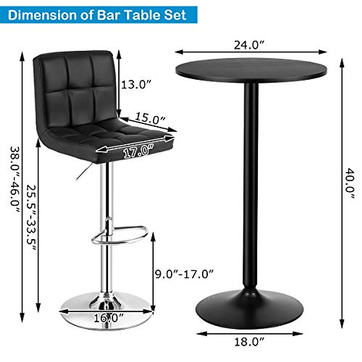 COSTWAY 3-Piece Bar Table Set, Round Cocktail Table and PU Leather Adjustable Swivel Chairs, Modern Counter Height Table Set with 2 Bar Stool for Kitchen, Office (Black)