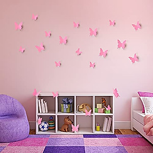 AMMON Butterfly Room Decorations 24 Pcs 3D Wall Decor Pink 3 Sizes Decal for Birthday Party Cake Mural Sticker Removable Room Wall Art Stickers for Kids Nursery Classroom Bedroom Living Room Party Wedding