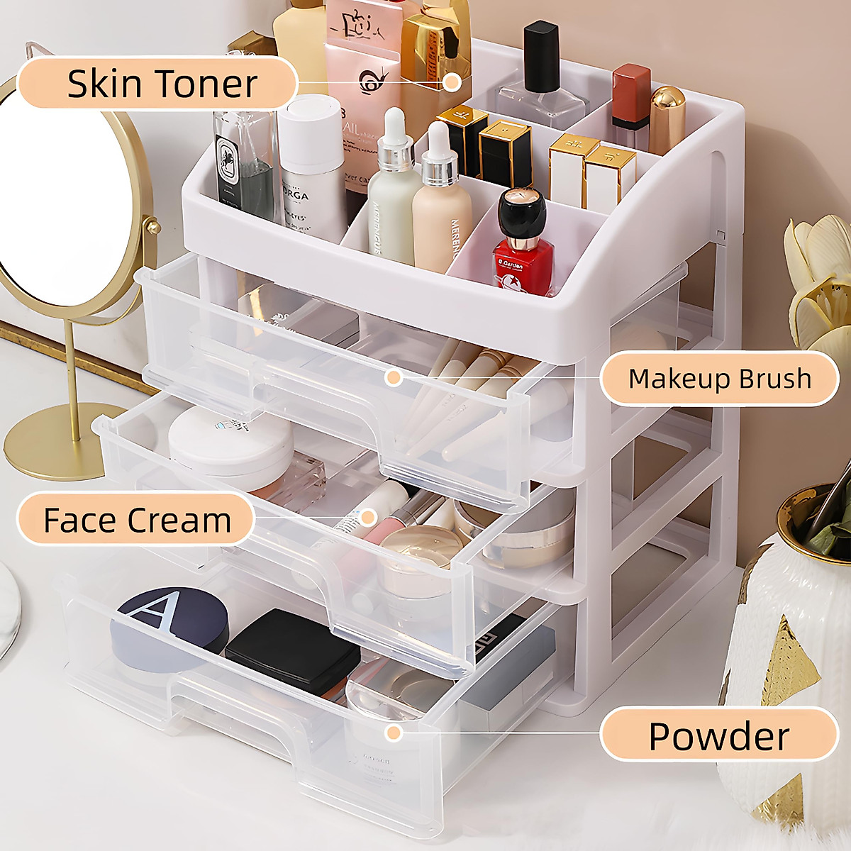 Nenozi Cosmetic Storage Box, White, 3 Large Drawers, 6 Top Compartments, PP Plastic, 11 x 7 x 5.5 in