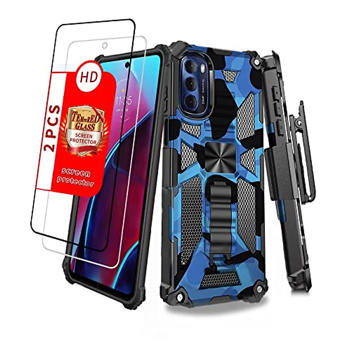 Akimcaliu Military Grade Moto G Stylus 5G 2022 Case - Blue Camo, Shockproof, Kickstand, Belt Clip & Screen Protector