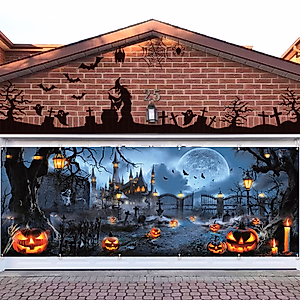 Arosche Extra Large Halloween Garage Door Cover Banner 6 * 16Ft Horror Haunted House Pumpkins Halloween Decorations Background Party Supplies for Garage Door Cover, Phoyography, Party Decorations