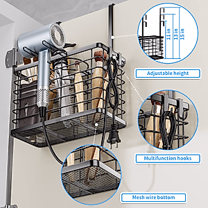 Ovicar Hair Dryer Holder - 3-in-1 Hair Tool Organizer Blow Dryer Holder Adjustable Height Wall Mounted/Cabinet Door Bathroom Organizer Storage for Hair Dryer, Flat Irons, Curling Wands, Straighteners