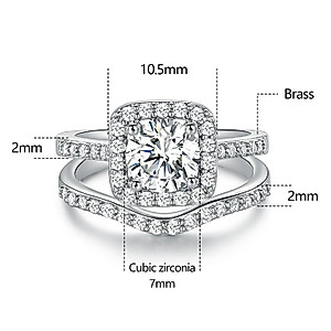Gemsme 18K White Gold Plated Two-in-One Wedding Engagement Eternity Rings Halo Cubic Zirconia Bridal Rings Set 8