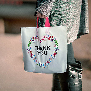 inkalfa 24 Pcs Beige Thank You Bags,Gift Bags with Soft Loop Handle,Plastic Bags Boutique Bags,Size:15"x12"x3"（38 * 30 * 8CM 2.8 Mil.