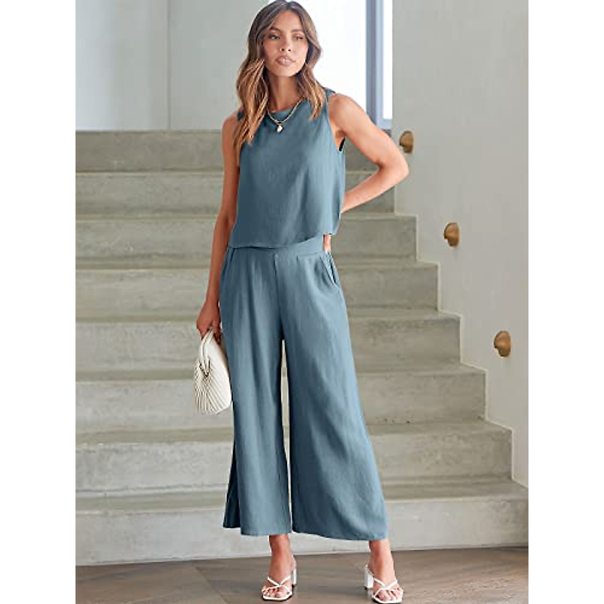 ANRABESS Women's 2 Piece Outfits Summer Sleeveless Tank Crop Button Back Top Cropped Wide Leg Pants Set Matching Loungewear Set Spring Clothes Beach Vacation 546Hulv-M