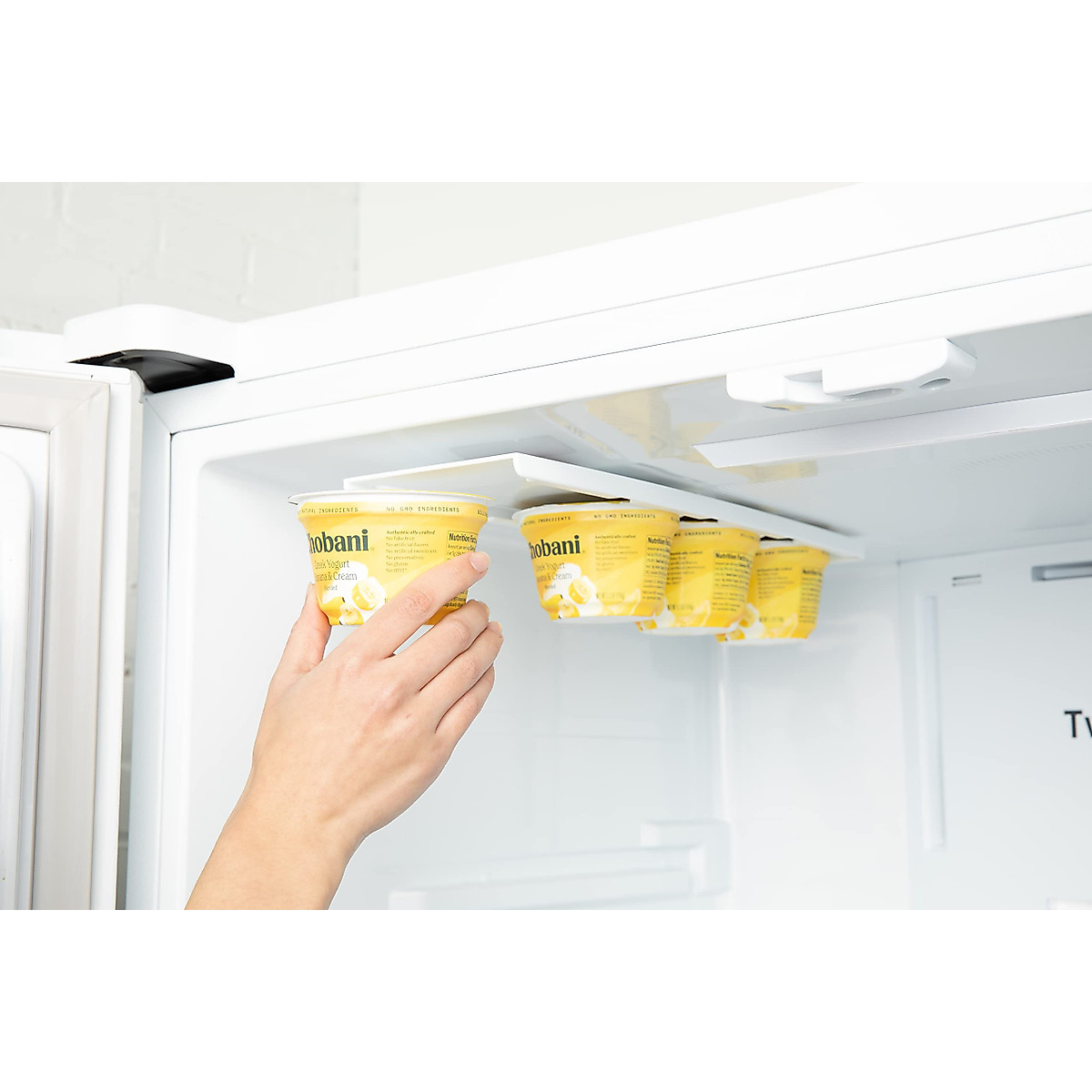 Yogurt Fridge Organizer - Holds up to 4 Wide-Mouth Vegan and Greek Yogurt Cups Each - Peel and Stick Slider Shelf for Small Refrigerator Spaces