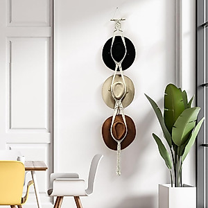 Gute Macrame Hat Hangers, Boho Hats Rack for for Wall Hanging, Black White Woven Women Hat Holder Organizer for Wide Brim and Fedoras Sun Hat Cowboy Hat Display(White,3 Hat Style)