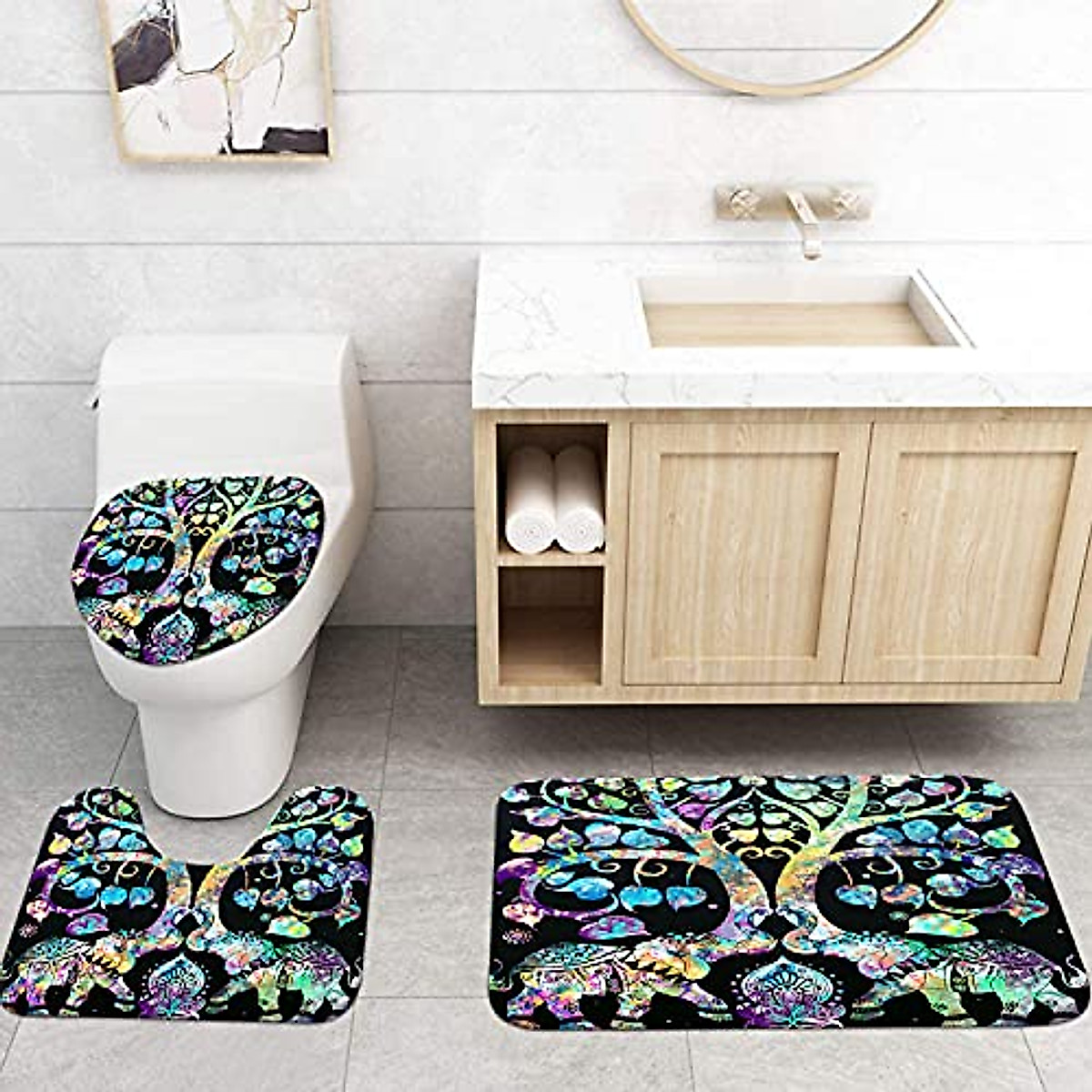 DuoBaorom 4 Pieces Set Boho Elephant Shower Curtain Set Boho Paisley Animal Tree of Life Picture Print on Non-Slip Rugs Toilet Lid Cover Bath Mat and Bathroom Curtain with 12 Hooks 72x72inch