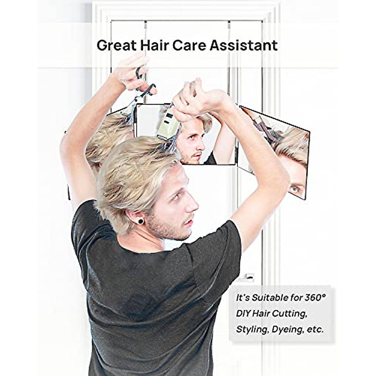 OMIRO Door Mount 3 Way Mirror for Hair Cutting, 360 Trifold Self Haircut Mirror with Adjustable Telescoping Hooks, Multi-Functional for Makeup and Travel