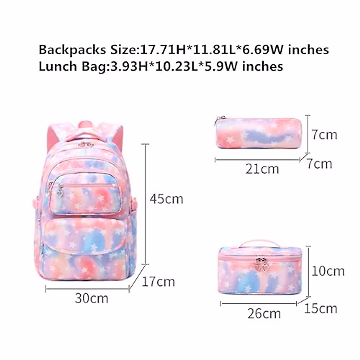 Star-Print School Backpack Set with Lunch Kits Bookbag for Teenager Girls 3pcs Gradient SchoolBag for Primary Student