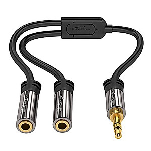 KabelDirekt – 3.5mm Y Adapter & Jack & AUX Splitter (1×3.5mm Male to 2×3.5mm Female, Connect Two Sets of Headphones to a Smartphone/Tablet/Notebook, Stereo, 4in, Black)