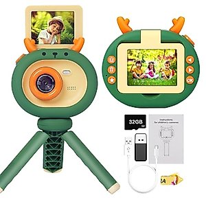 Kids Digital Camera Toddler Camera HD 1080P Video Camera for Kids Age 3-12 Kids Selfie Camera with Flip-Up Monitor Mini Kids Camera with 32GB SD Card Christmas Birthday Gift for Kids Green