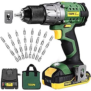 TECCPO Cordless Drill, 20V Drill Set, Power Drill Driver with 530 In-lbs, 1/2" Metal Chuck, 2.0Ah Battery, 24+1 Torque Setting, Fast Charger 2.0A, Variable 2-Speed, Drill with 33pcs Accessories