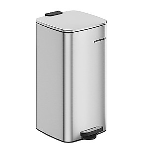 SONGMICS Kitchen Trash Can, 8-Gallon (30 L) Trash Bin, Stainless Steel Garbage Can, with Inner Bucket, Soft Close and Stays Open, Metallic Silver ULTB593E01