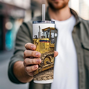 Yellow Bulldozer Construction Equipment Skinny Tumbler 20oz with Straw Insulated Water Bottle Gift