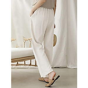 ebossy Women's Summer Drawstring Elastic Waist Cotton Linen Utility Beach Palazzo Pants Pockets (XL, White)