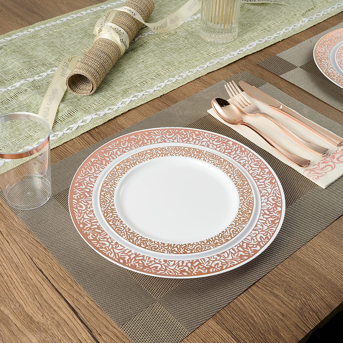 FOCUSLINE 350pcs Rose Gold Dinnerware Set for 50 Guests, Rose Gold Lace Plastic Plates Disposable Heavy Duty, Including 50 Dinner Plates, 50 Dessert Plates, 50 Cups, 50 Napkins, 50 Silverware Set