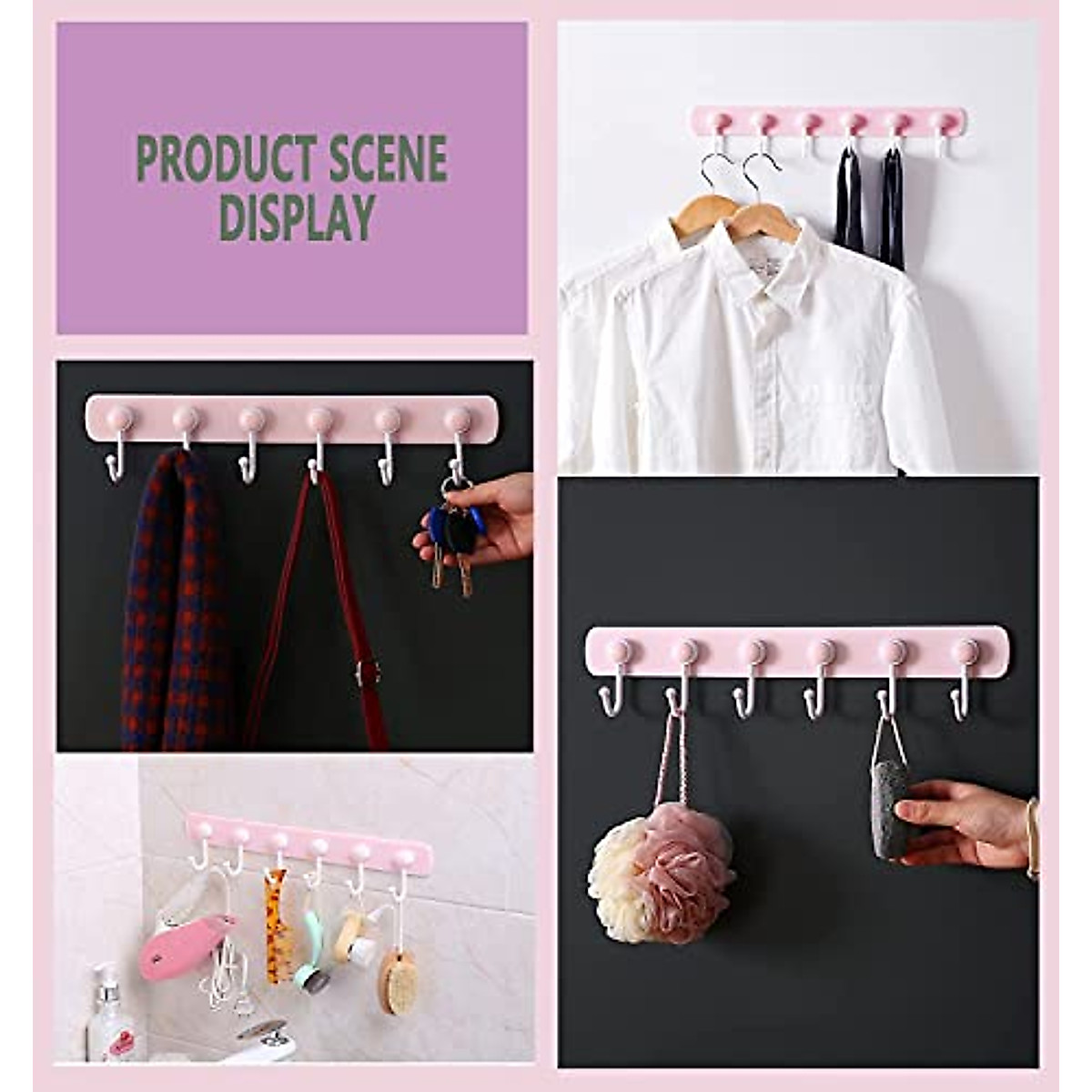 BOSGAS Adhesive Wall Hook with 6 Rotate Hooks,Wall Coat Rack, Perfect for Hanging Clothes Cooking Tool Towel in Kitchen and Bedroom, Easy to Use, Strong Bearing Capacity (Pink)