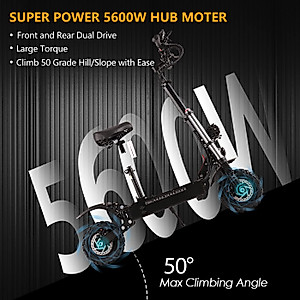 35AH 5600W Electric Scooter Adults 50 MPH Off Road Sport Scooter with Seat,60V Dual Drive 56 Miles Range 11" Off Road Tires,Heavy Duty 440 LBS Load Dual Braking System & Dual 2 Chargers