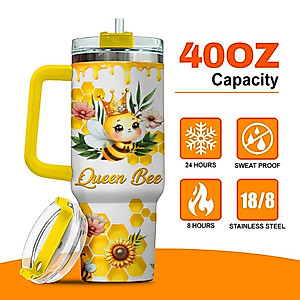 99WHALE Bee Gifts, Cute Queen Bee, Tumbler 40 Oz With Handle Lid And Straw, Yellow Keep Drinks Cold Hot, Yellow Handle Floral For Tumblers Cups Coffee Sunflower Flower Women