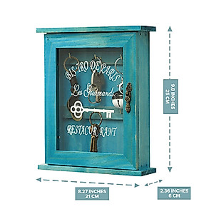 Glass Wooden Box Key Holder for Wall with 6 Hooks - 8.27" x 9.84" x 2.36" Entryway Storage Cabinet - Rustic Decor & Floating Shelf - Key Rings & Mail Organizer Wall Shelf - Vintage Wall Decor - Aqua