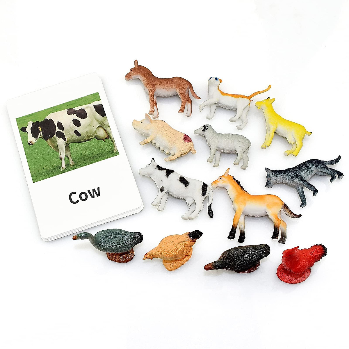 Farm Animal Toys with Flash Cards - 12 Sets of Realistic Animal Figures - Educational Learn Cognitive Toys & Animal Matching Game Playset for Toddlers Kids