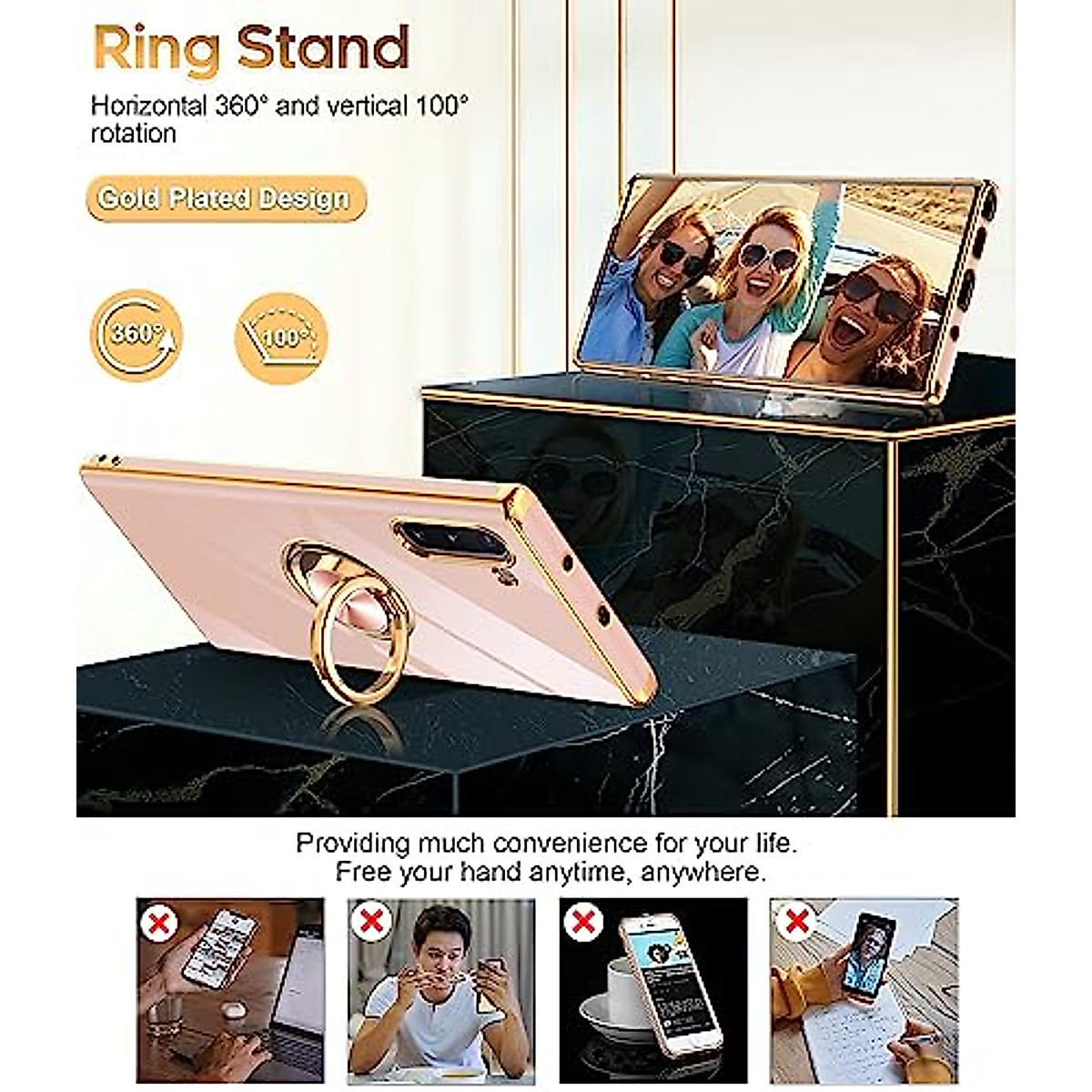 LeYi for Note 10 Case- 360° Rotatable Ring Holder Magnetic Kickstand, Plating Rose Gold Edge Protective Case [ Not Applicable Note 10 Plus], Pink