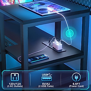 Besiost Gaming Desk with Lights & Power Outlets, 39.4' Computer Desk with Shelves, Small Desk for Small Space, Writing Desk with Monitor Stand, Black