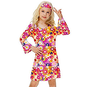 60s Dress 70s Hippie Halloween Pink Floral Long Sleeve Gogo Dresses Pink 7-8 Years