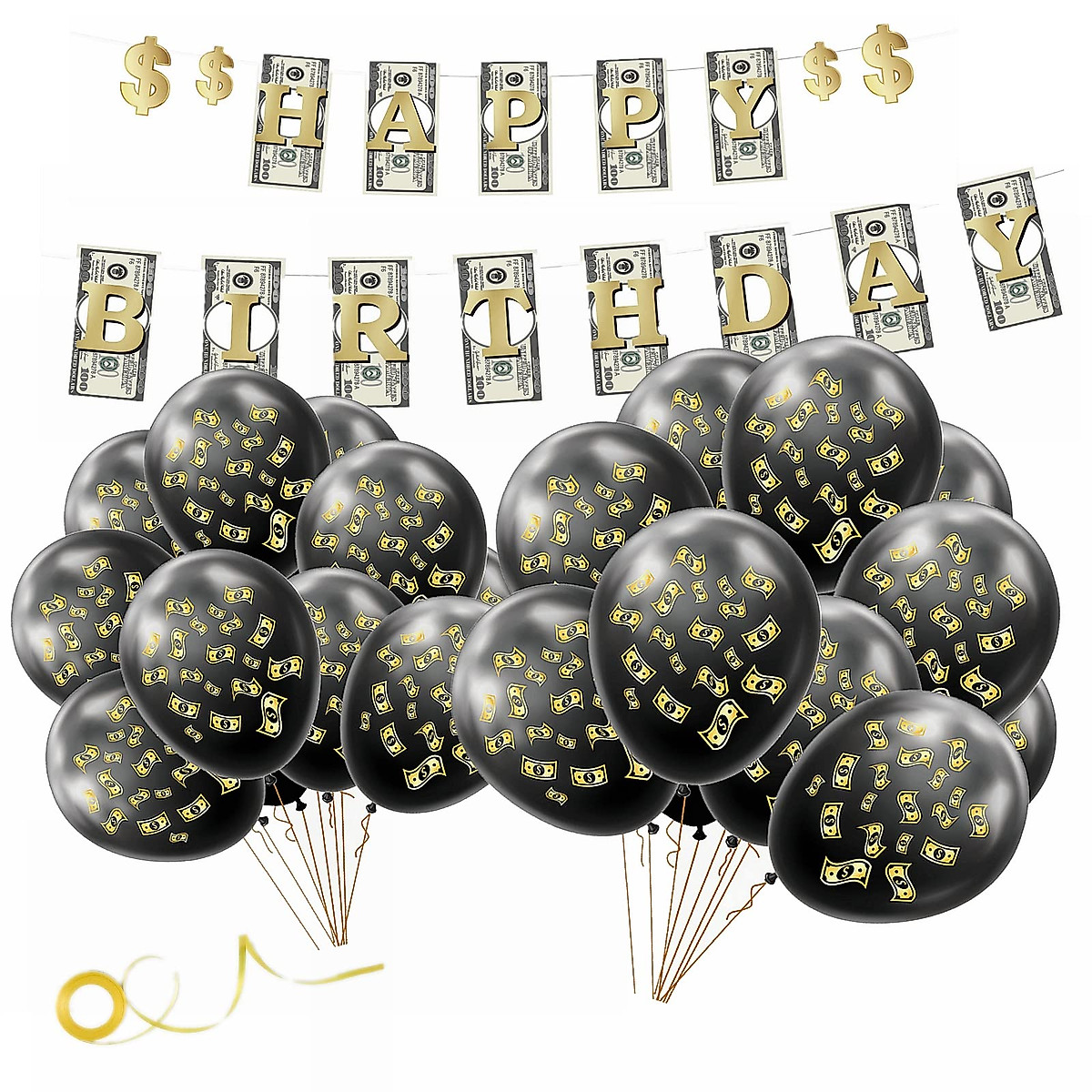Money Themed Birthday Banner & Latex Balloons Decoration KIT Dollar Bill Party Decorations for Birthdays Baby Showers Casino Weddings Bachelorette Retirement Anniversary Graduations Party