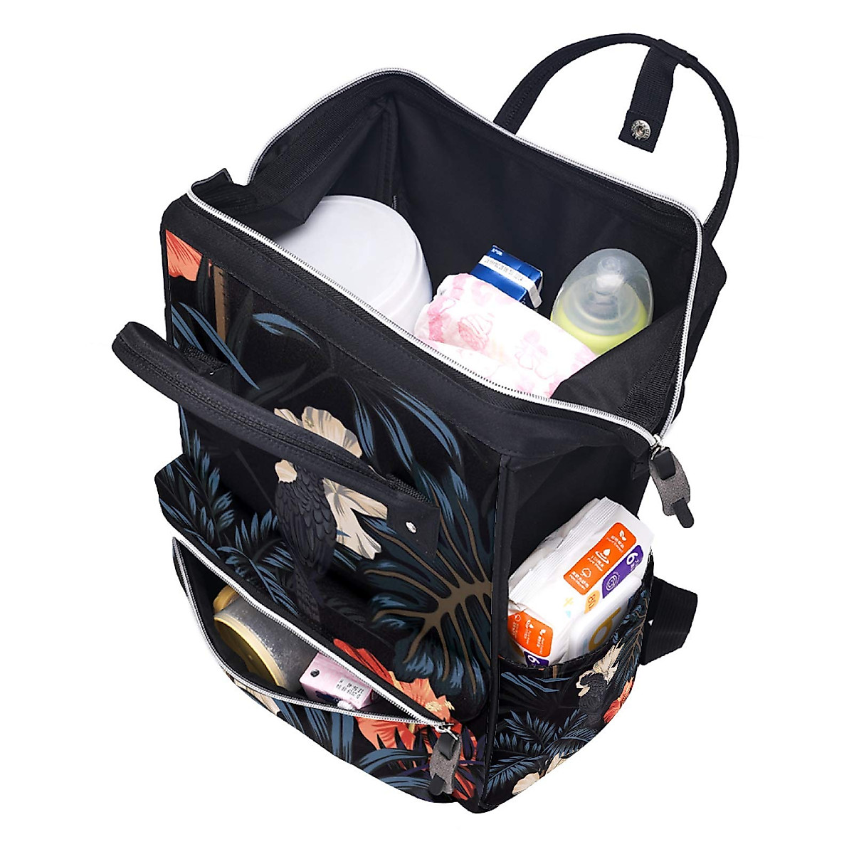 Inhomer Hawaiian Jungle Palm Leave Black Parrot Diaper Bag Travel Mom Bags Nappy Backpack Large Capacity for Baby Care