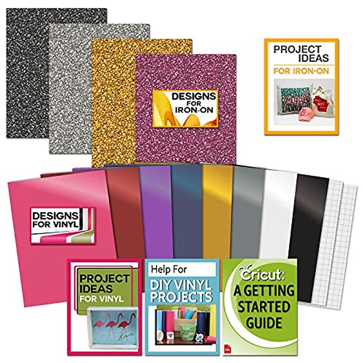 Cricut Vinyl, Glitter Iron On Tools & Pens Beginner Bundle - Use with Explore Maker Machine (not Included) Sheets for Decals, Removable Stickers, Bling T-Shirts, Cards, Totes with Guide for Projects