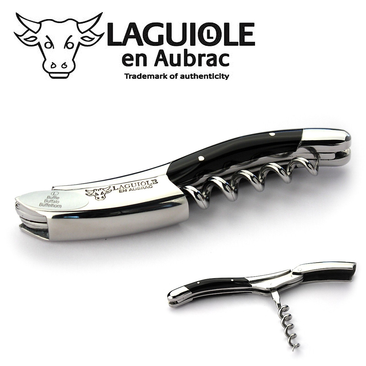Laguiole En Aubrac Sommelier Waiter's Corkscrew, Buffalo Horn Handle, Wine Opener With Foil Cutter & Bottle Opener, Stainless Steel Shiny Bolsters