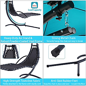 Dkelincs Hanging Lounge Chair, Outdoor Swinging Curved Chaise Lounge Chair with Canopy Umbrella and Pillow for Outside, Large Heavy Duty Egg Chair for Porch Patio Backyard Deck Blue