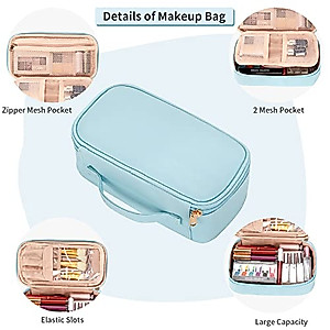 OCHEAL Small Makeup Bag,Portable Cute Travel Makeup Bag Pouch for Women Girls Makeup Brush Organizer Cosmetics Bags with Compartment-Lake Blue