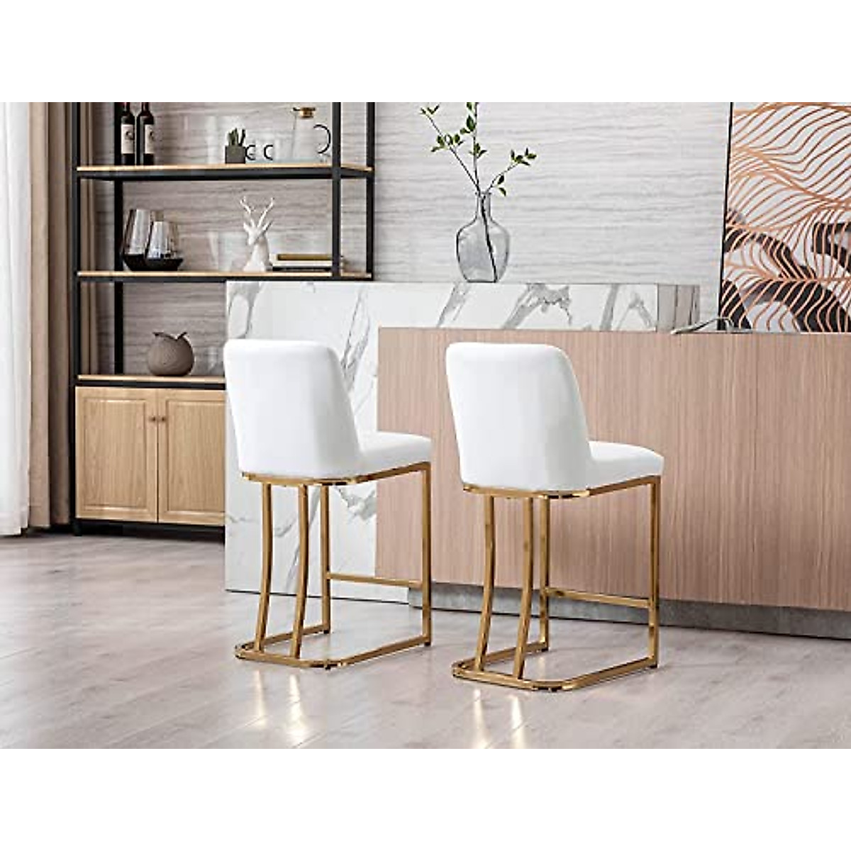 RIVOVA 24" Counter Height Bar Stools Set of 2 with Back, Modern PU Leather Bar Stool for Kitchen Island, Upholstered Pub Stools with Footrest, Armless Dining Chairs for Bar, White