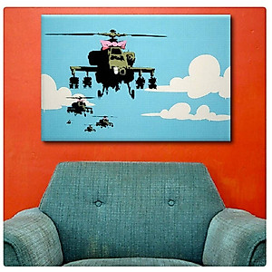 Alonline Art - Helicopter Apache by Banksy | framed stretched canvas (Synthetic) on a ready to hang frame - gallery wrapped | 30"x20" - 76x51cm | Wall art home decor for nursery picture HD artwork