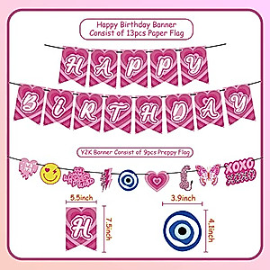 NOVBAUB Preppy Y2K Party Decorations Garland Banner 2 Style Aesthetic Hot Pink Leopard Smile Face Room Decor Party Decor Glitter Bunting Flag Home Decor Birthday Party Supplies for Kids Teens Girls Bachelorette Early 2000s Theme Party